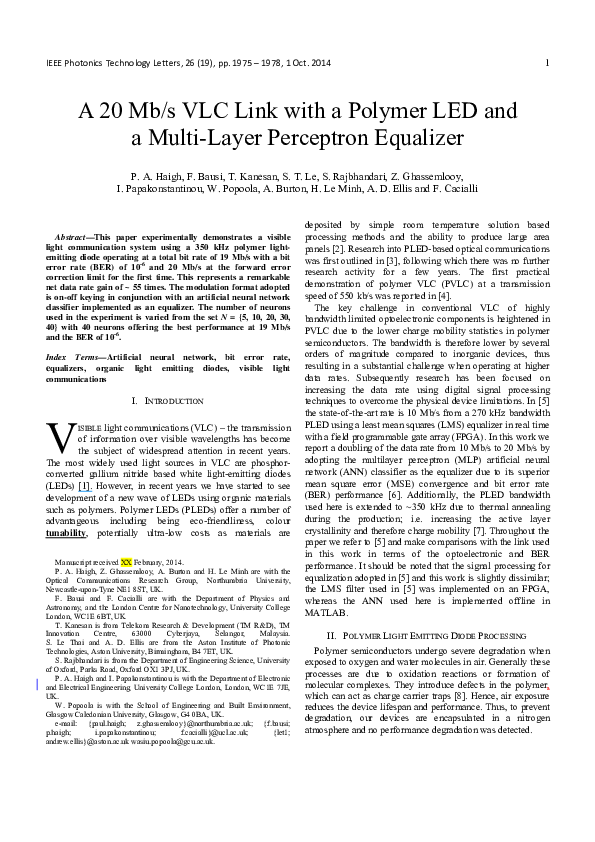 (PDF) A 20-Mb/s VLC Link With a Polymer LED and a Multilayer Perceptron ...