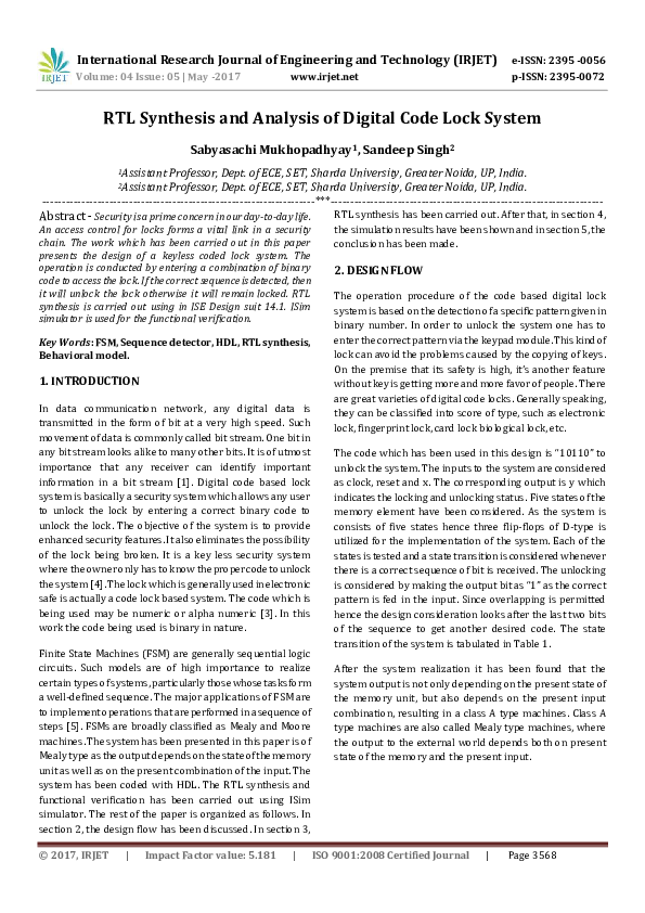 (PDF) RTL Synthesis and Analysis of Digital Code Lock System