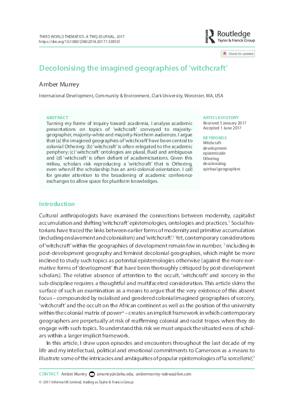(PDF) Decolonising the Imagined Geographies of 'Witchcraft'