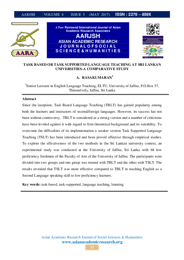 (PDF) TASK BASED OR TASK SUPPORTED LANGUAGE TEACHING AT SRI LANKAN UNIVERSITIES-A COMPARATIVE STUDY
