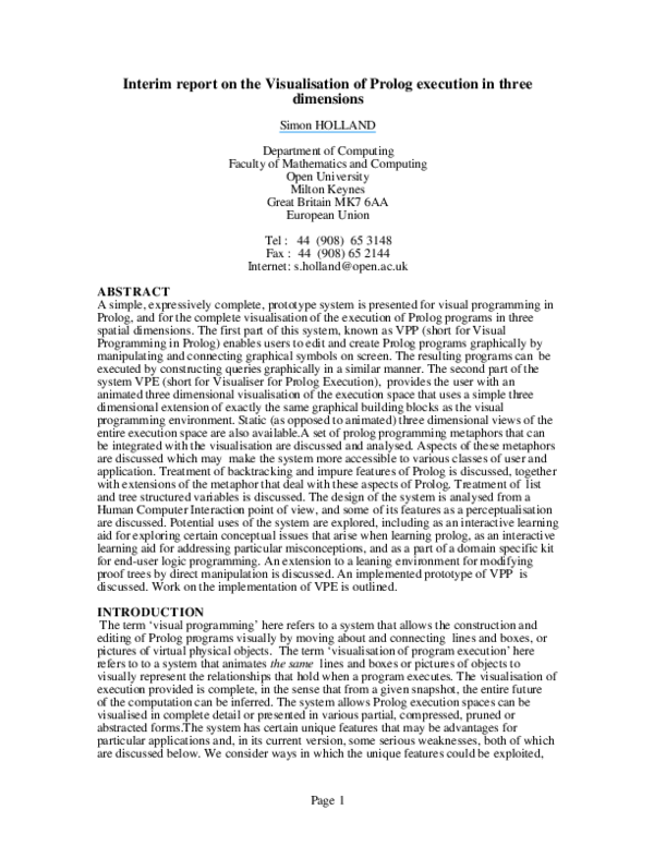 Pdf Interim Report On The Visualisation Of Prolog Execution In Three