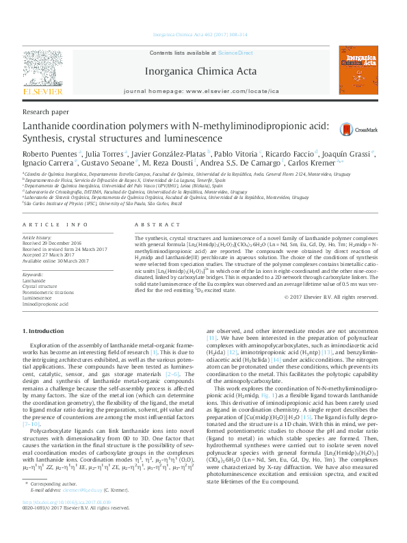 (PDF) Lanthanide coordination polymers with N-methyliminodipropionic acid: Synthesis, crystal ...