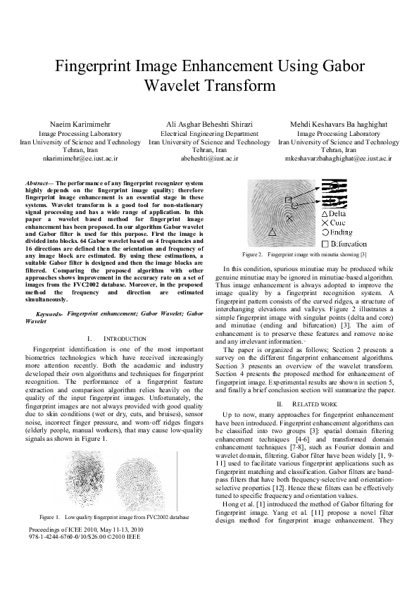 (PDF) Fingerprint Image Enhancement Using Gabor Wavelet Transform