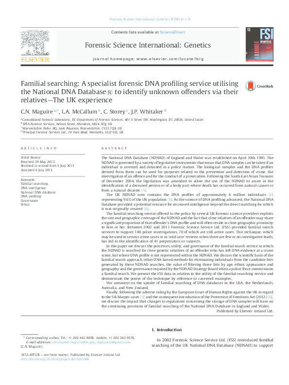 (PDF) Familial searching: A specialist forensic DNA profiling service ...