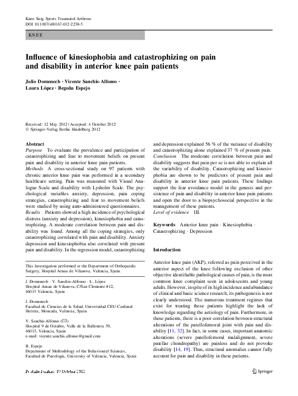 (PDF) Influence of kinesiophobia and catastrophizing on pain and ...