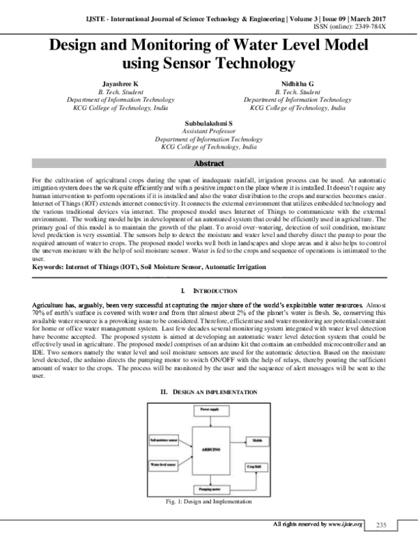 (PDF) Design and Monitoring of Water Level Model using Sensor Technology