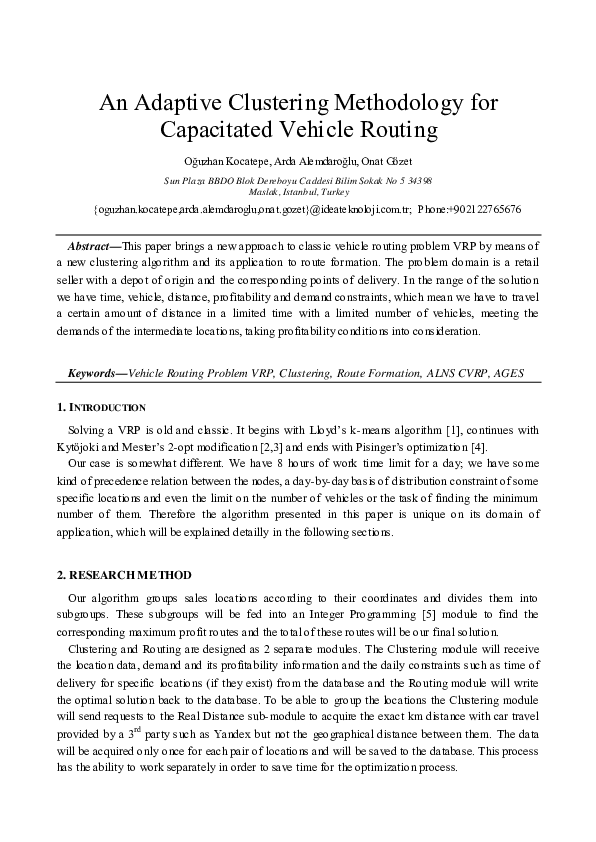 Pdf An Adaptive Clustering Methodology For Capacitated Vehicle Routing
