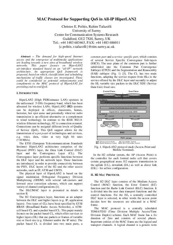 Pdf Mac Protocol For Supporting Qos In All Ip Hiperlan2