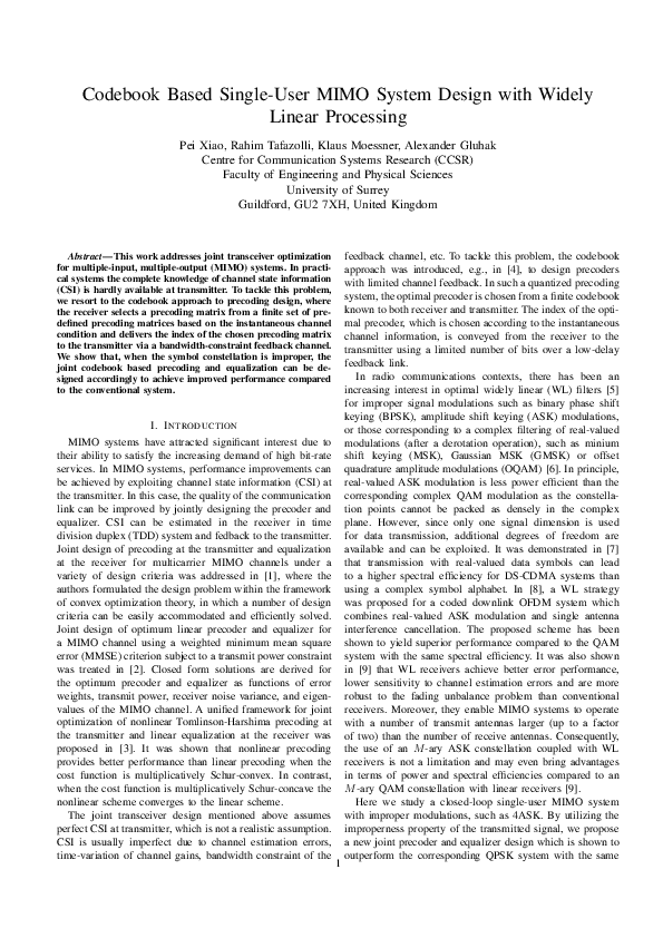 (PDF) Codebook Based Single-User MIMO System Design with Widely Linear Processing