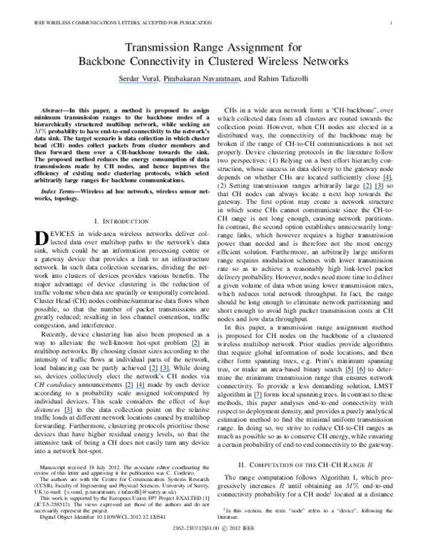 (PDF) Transmission Range Assignment for Backbone Connectivity in Clustered Wireless Networks