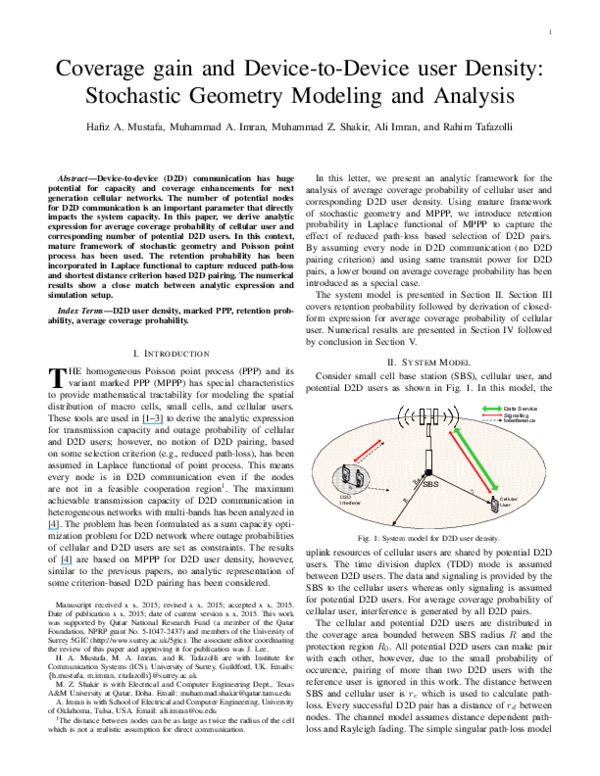 (PDF) Coverage gain and Device-to-Device user Density: Stochastic Geometry Modeling and Analysis