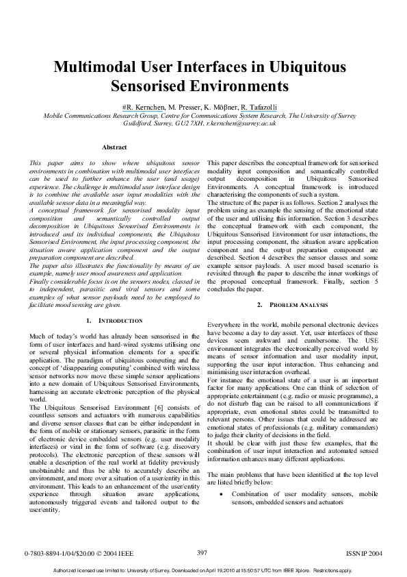 (PDF) Multimodal User Interfaces in Ubiquitous Sensorised Environments