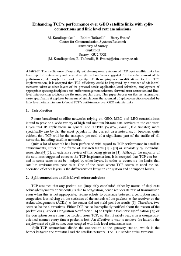(PDF) Enhancing TCP's performance over GEO satellite links with split- connections and link ...