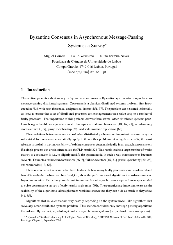 (PDF) Byzantine Consensus In Asynchronous Message-Passing Systems: a Survey