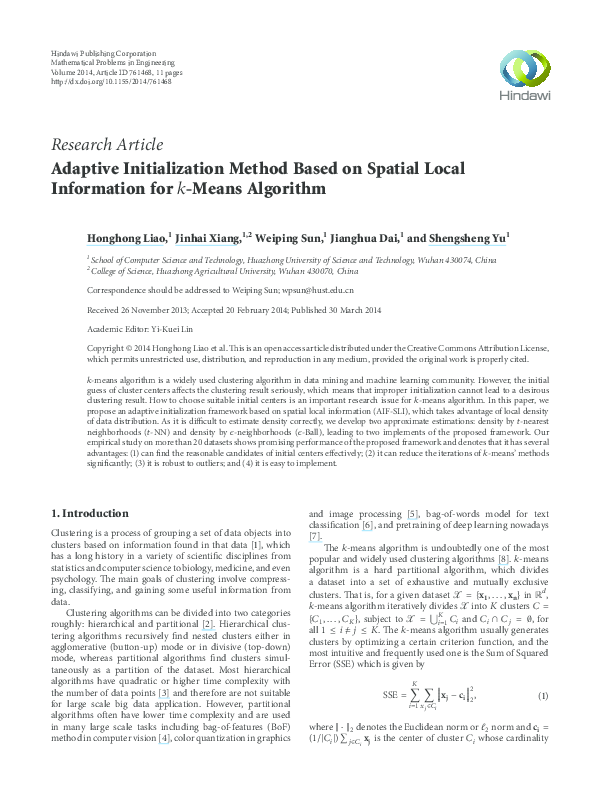 Pdf Adaptive Initialization Method Based On Spatial Local Information For Means Algorithm