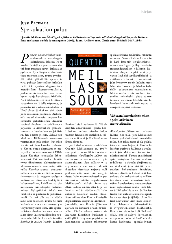 (PDF) Spekulaation paluu (kirja-arvio: Quentin Meillassoux ...