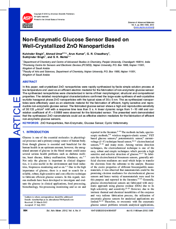 (PDF) Non-Enzymatic Glucose Sensor Based on Well-Crystallized ZnO Nanoparticles