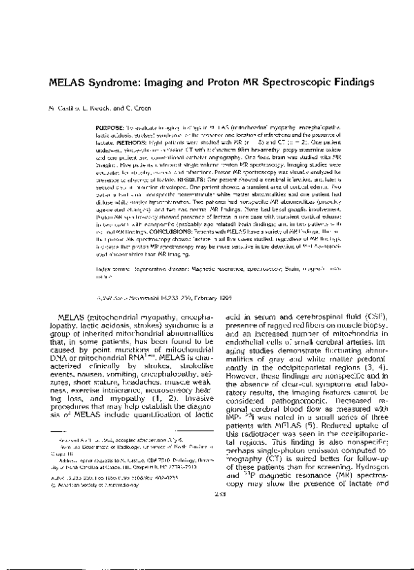 (PDF) MELAS syndrome: imaging and proton MR spectroscopic findings