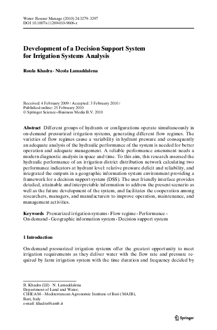 (PDF) Development of a Decision Support System for Irrigation Systems Analysis