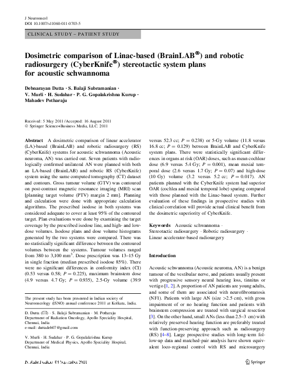 (PDF) Dosimetric comparison of Linac-based (BrainLAB Ò ) and robotic radiosurgery (CyberKnife Ò ...
