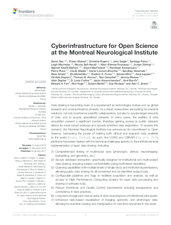 (PDF) Cyberinfrastructure for Open Science at the Montreal Neurological Institute