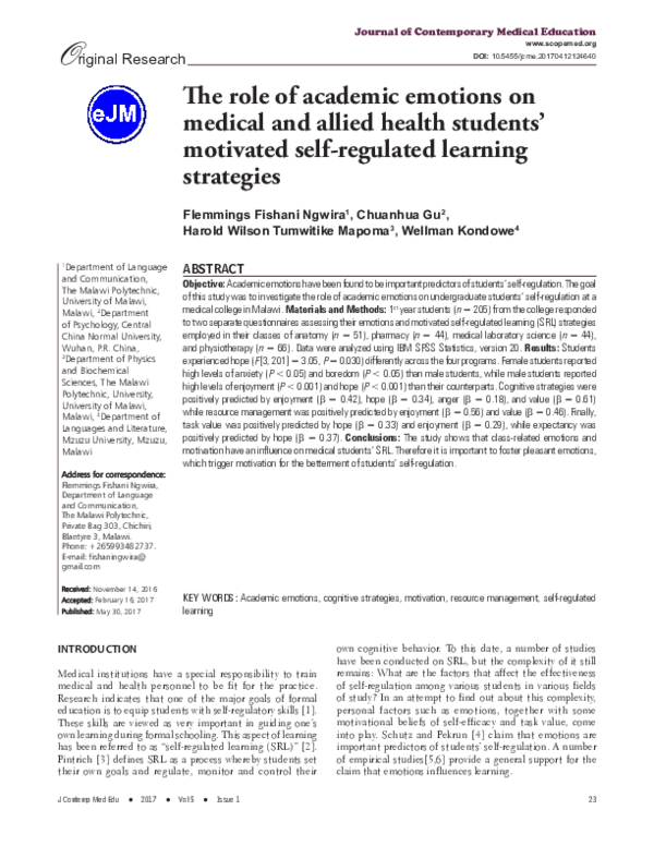 (PDF) The Role of Academic Emotions on Medical and Allied Health Students’ Motivated Self ...