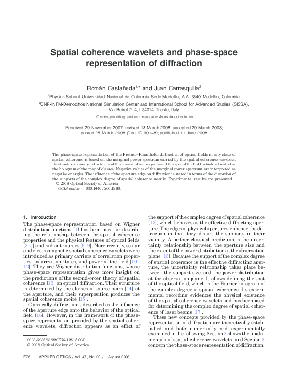 Pdf Spatial Coherence Wavelets And Phase Space Representation Of Diffraction