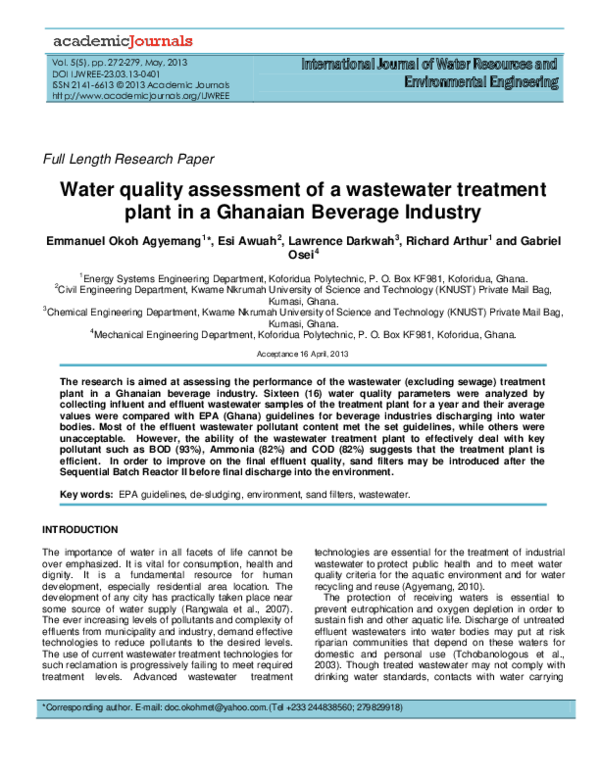 (PDF) Water quality assessment of a wastewater treatment plant in a ...