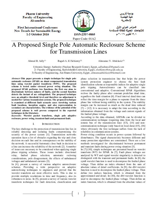 (PDF) A Proposed Single Pole Automatic Reclosure Scheme for ...