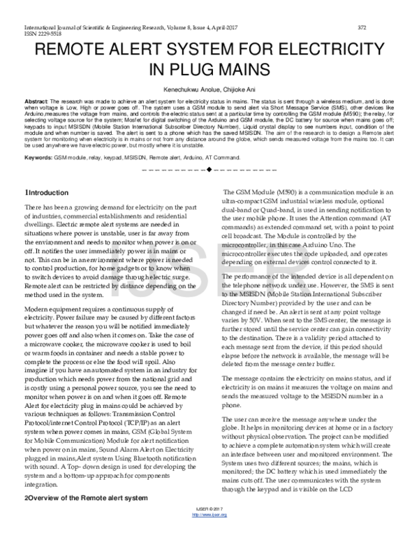 (PDF) REMOTE ALERT SYSTEM FOR ELECTRICITY IN PLUG MAINS