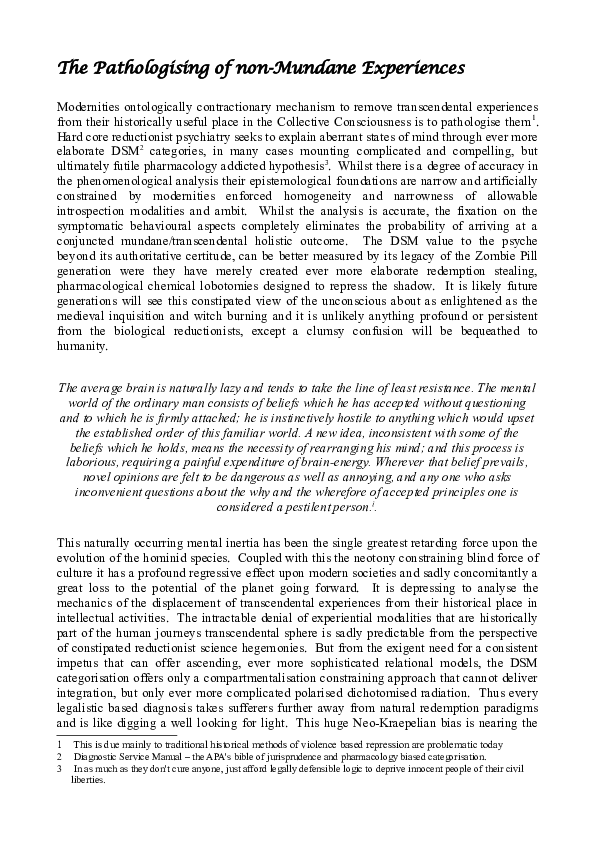 (PDF) The Pathologising of non-Mundane Experiences