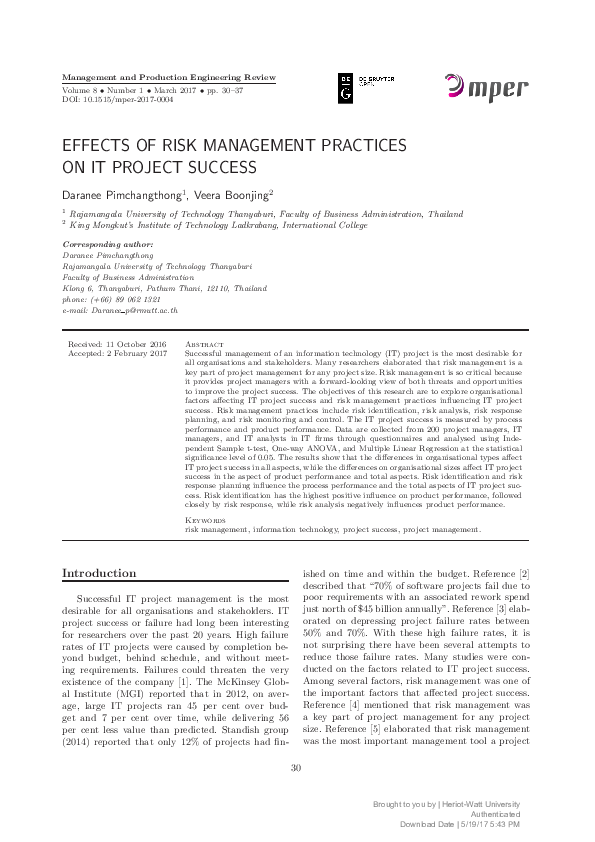 (PDF) EFFECTS OF RISK MANAGEMENT PRACTICES ON IT PROJECT SUCCESS