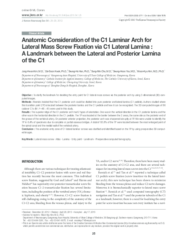 (PDF) Anatomic Consideration of the C1 Laminar Arch for Lateral Mass ...