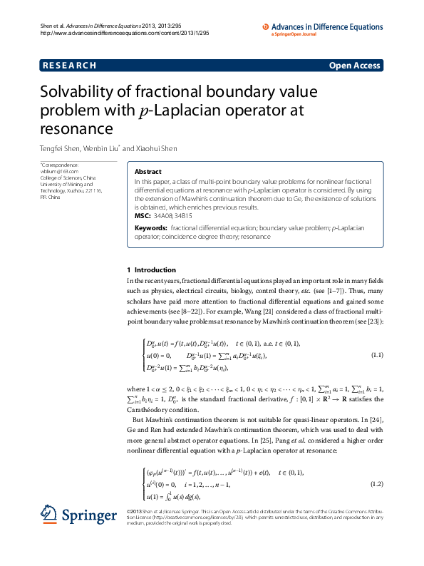 Pdf Solvability Of Fractional Boundary Value Problem With P Laplacian Operator At Resonance