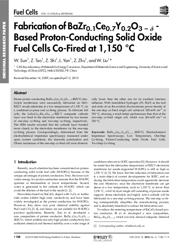 (PDF) Fabrication of BaZr0. 1Ce0. 7Y0. 2O3–δ‐Based Proton‐Conducting Solid Oxide Fuel Cells Co ...