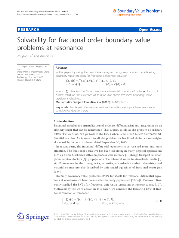 (PDF) Solvability for fractional order boundary value problems at resonance