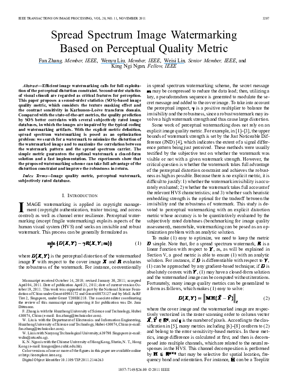 Spread Spectrum Image Watermarking Based on Perceptual Quality Metric