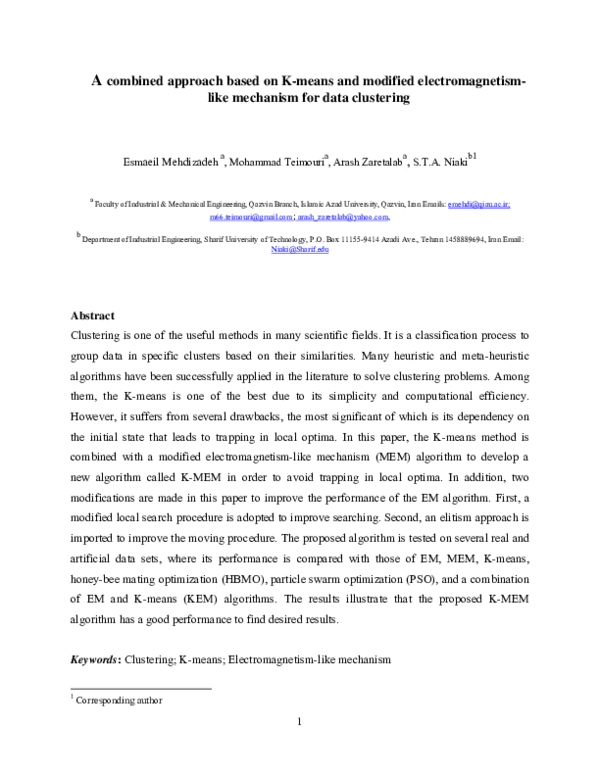 (PDF) A combined approach based on K-means and modified electromagnetism- like mechanism for ...