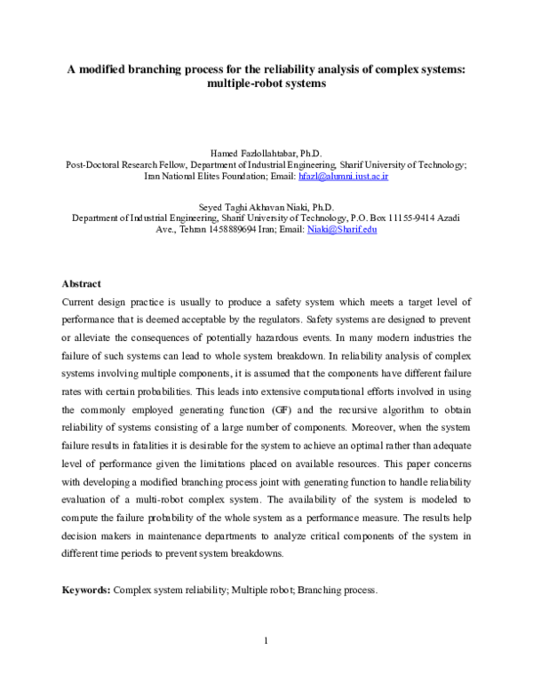 (PDF) A modified branching process for the reliability analysis of complex systems: multiple ...