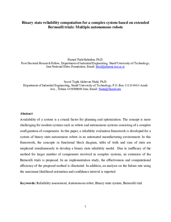 Pdf Binary State Reliability Computation For A Complex System Based