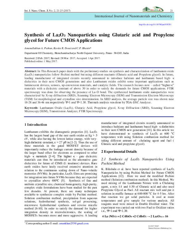 (PDF) Synthesis of La2O3 Nanoparticles using Glutaric acid and ...