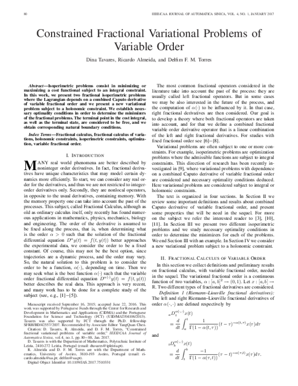 Pdf Constrained Fractional Variational Problems Of Variable Order