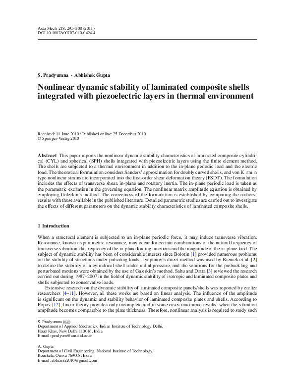 (PDF) Nonlinear dynamic stability of laminated composite shells integrated with piezoelectric ...
