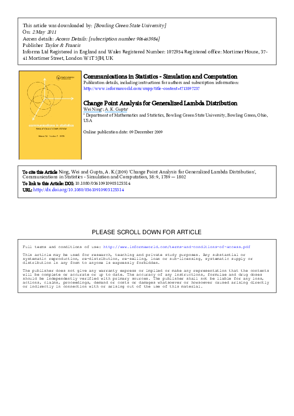 (PDF) Change Point Analysis for Generalized Lambda Distribution