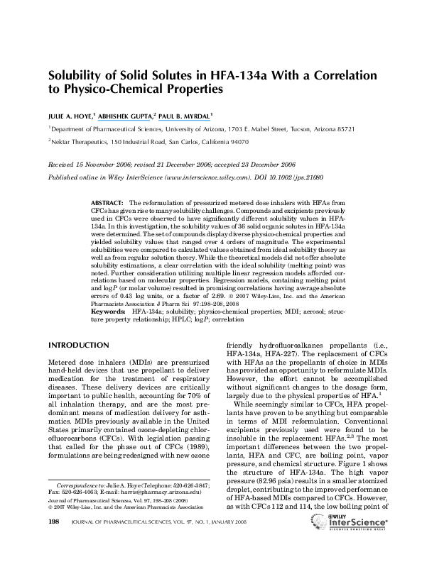 (PDF) Solubility of solid solutes in HFA-134a with a correlation to ...