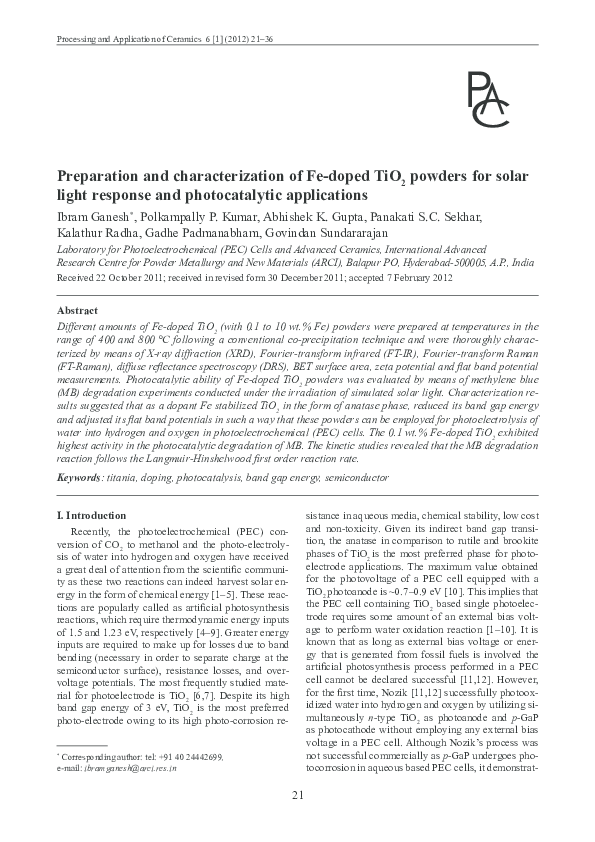 Pdf Preparation And Characterization Of Fe Doped Tio2 Powders For
