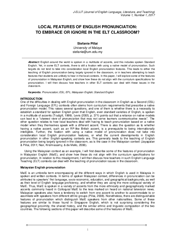(PDF) LOCAL FEATURES OF ENGLISH PRONUNCIATION: TO EMBRACE OR IGNORE IN ...