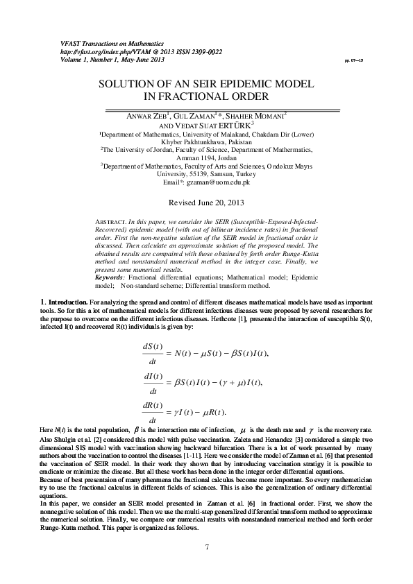 Pdf Solution Of An Seir Epidemic Model In Fractional Order