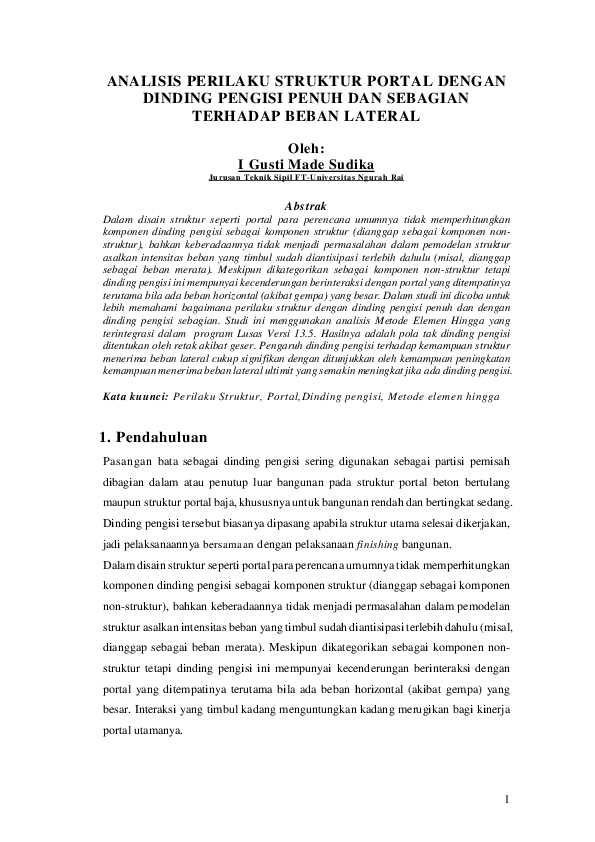 (PDF) ANALISIS PERILAKU STRUKTUR PORTAL DENGAN DINDING PENGISI PENUH DAN SEBAGIAN TERHADAP BEBAN ...