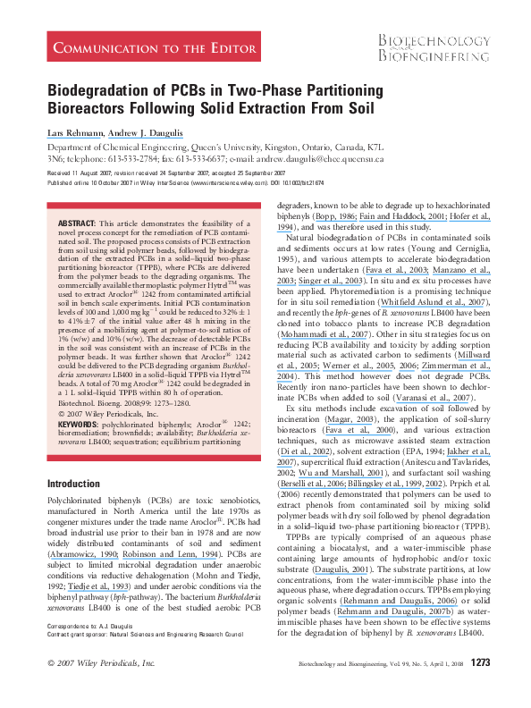 (PDF) Biodegradation of PCBs in two-phase partitioning bioreactors ...